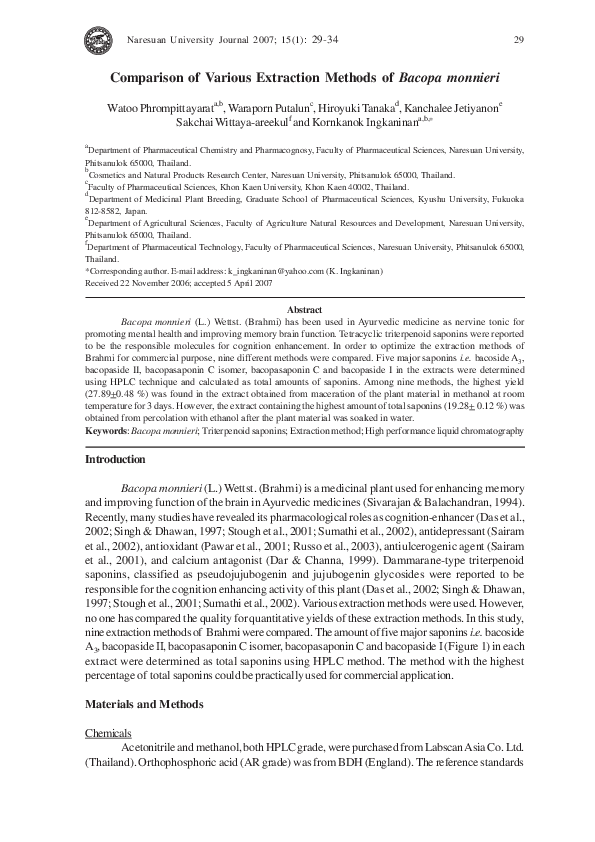 (PDF) Comparison of Various Extraction Methods of Bacopa monnieri