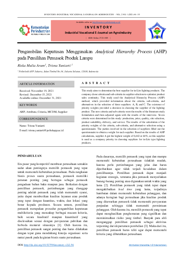 (PDF) Pengambilan Keputusan Menggunakan Analytical Hierarchy Process ...