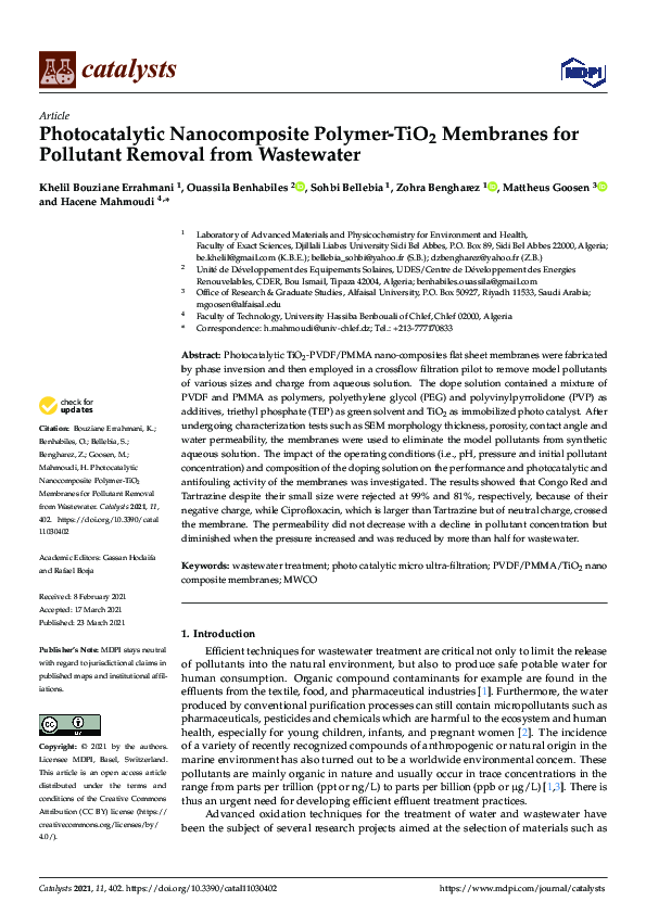 (PDF) Photocatalytic Nanocomposite Polymer-TiO2 Membranes for Pollutant ...