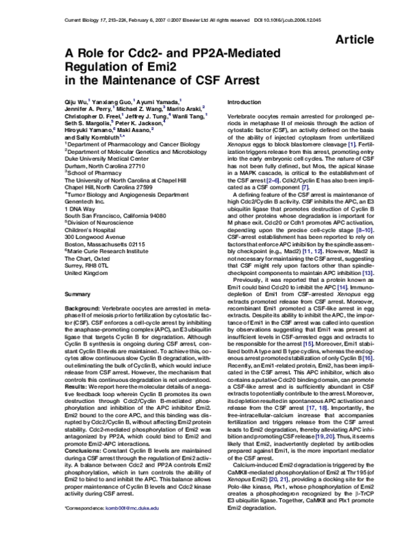 (PDF) A role for Cdc2-and PP2A-mediated regulation of Emi2 in the ...