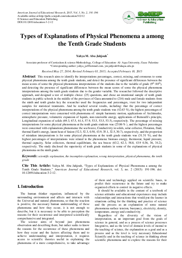 (PDF) Types of Explanations of Physical Phenomena a among the Tenth ...