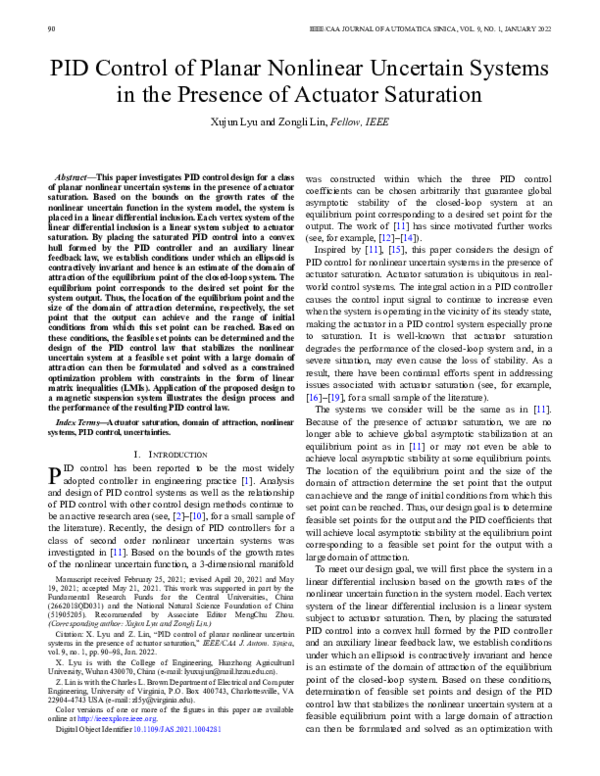 (PDF) PID Control of Planar Nonlinear Uncertain Systems in the Presence of Actuator Saturation