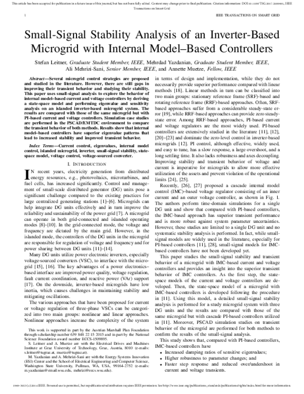 (PDF) Small-Signal Stability Analysis of an Inverter-Based Microgrid with Internal Model–Based ...
