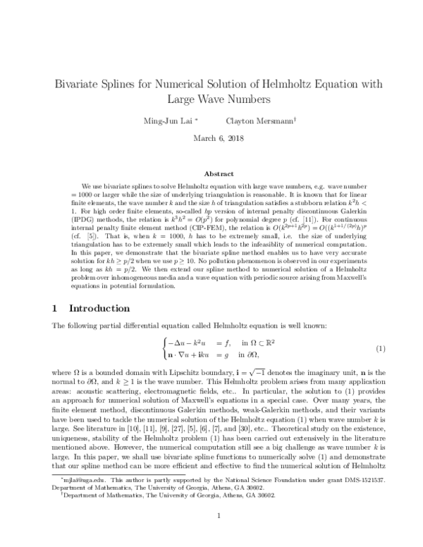 (PDF) Bivariate Splines for Numerical Solution of Helmholtz Equation with Large Wave Numbers