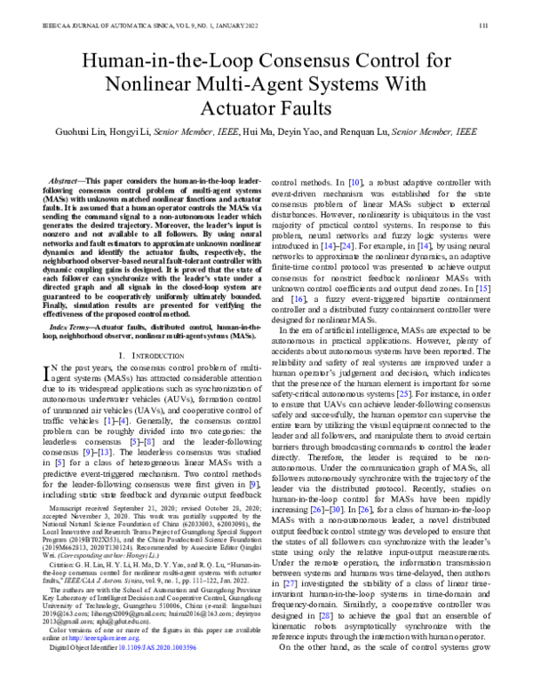 (PDF) Human-in-the-Loop Consensus Control for Nonlinear Multi-Agent Systems With Actuator Faults
