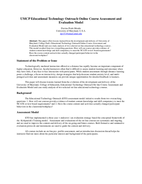 (PDF) UMCP Educational Technology Outreach Online Course Assessment and Evaluation Model