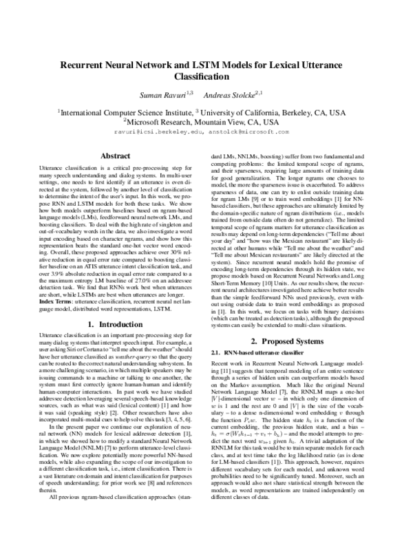 Pdf Recurrent Neural Network And Lstm Models For Lexical Utterance Classification