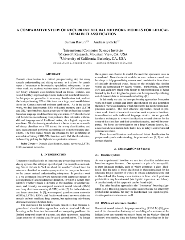 (PDF) A comparative study of recurrent neural network models for lexical domain classification