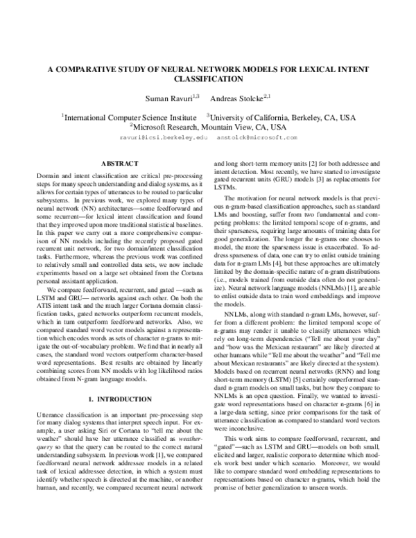 (PDF) A comparative study of neural network models for lexical intent classification