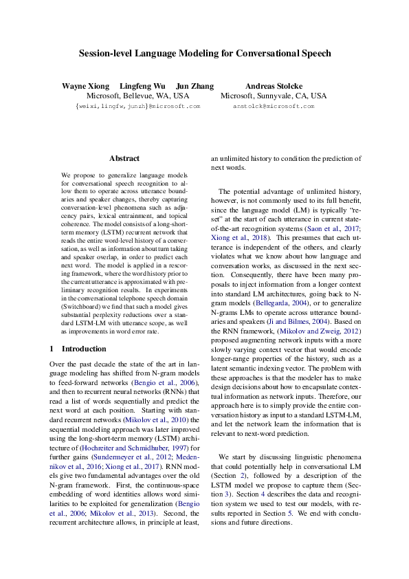 (PDF) Session-level Language Modeling for Conversational Speech