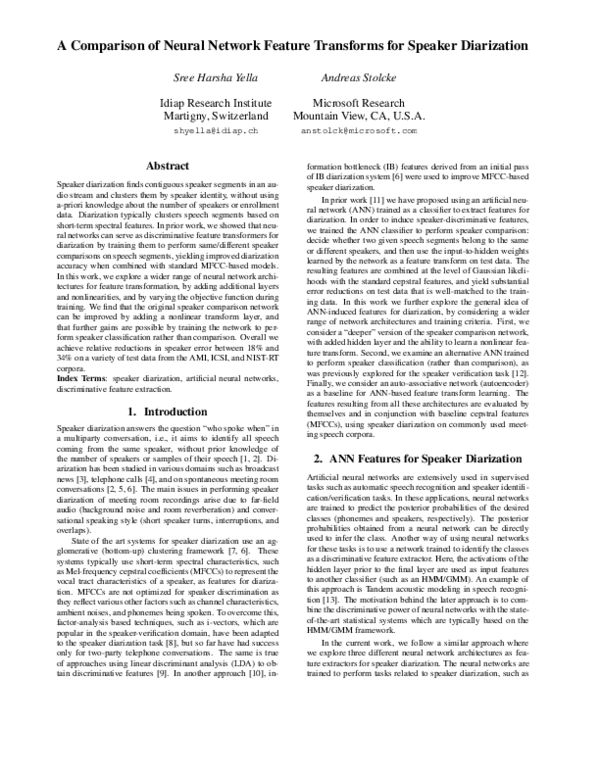 (PDF) A comparison of neural network feature transforms for speaker diarization