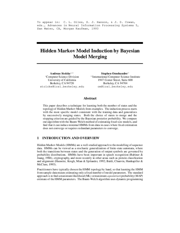 (PDF) Hidden Markov Model} Induction by Bayesian Model Merging | Andreas Stolcke - Academia.edu