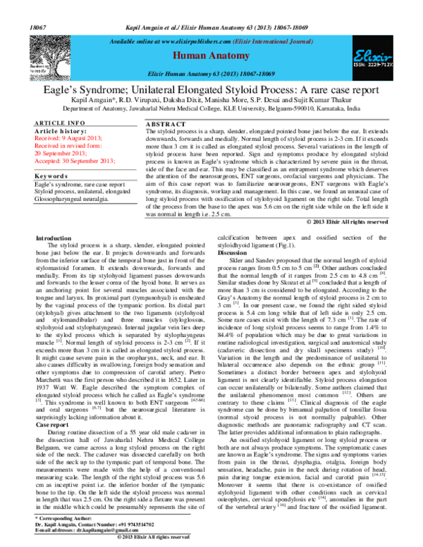 (PDF) Eagle’s Syndrome: Rare Case of Unilateral Elongated Styloid Process