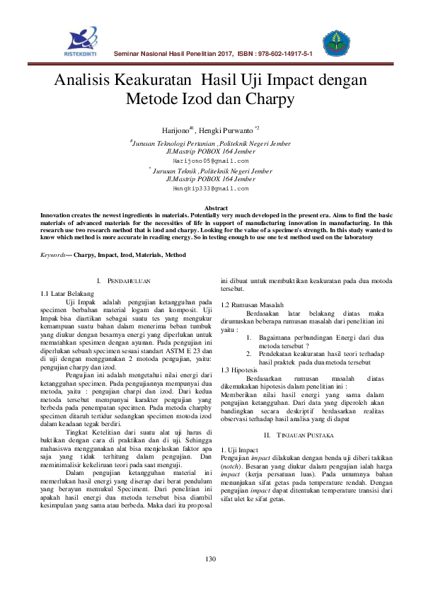 (PDF) Analisis Keakuratan Hasil Uji Impact dengan Metode Izod dan Charpy