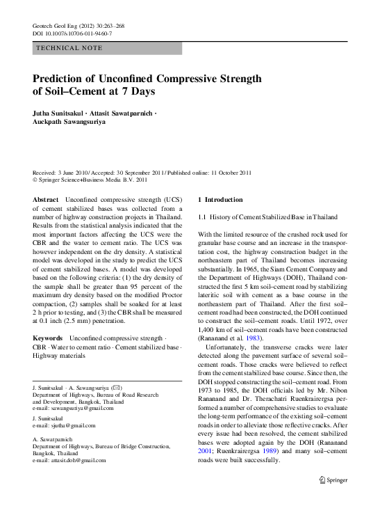 (PDF) Prediction of Unconfined Compressive Strength of Soil–Cement at 7 Days