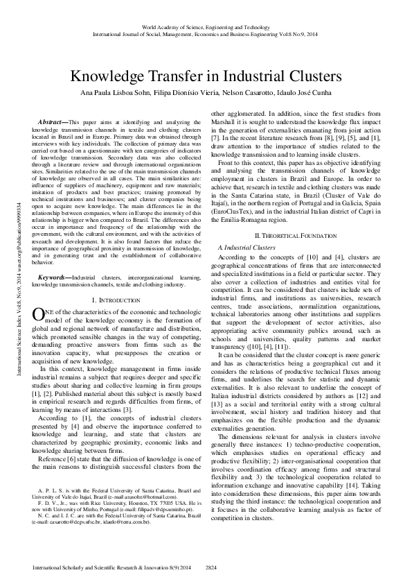(PDF) Knowledge Transfer in Industrial Clusters