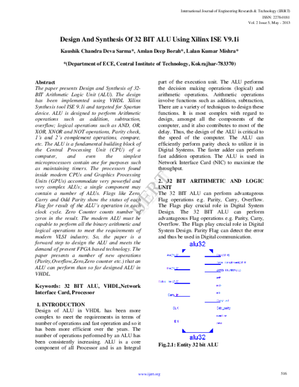 (PDF) Design and Synthesis of 32 BIT ALU Using Xilinx ISE V9.1i