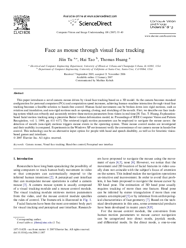 (PDF) Face as mouse through visual face tracking