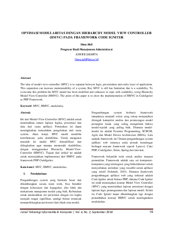 Pdf Optimasi Modularitas Dengan Hierarchy Model View Controller Hmvc Pada Framework Code Igniter
