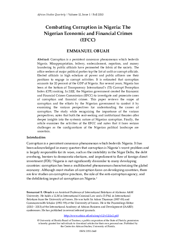 (PDF) Combatting Corruption in Nigeria: The Nigerian Economic and ...