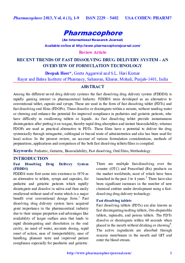 (PDF) Review Article RECENT TRENDS OF FAST DISSOLVING DRUG DELIVERY ...