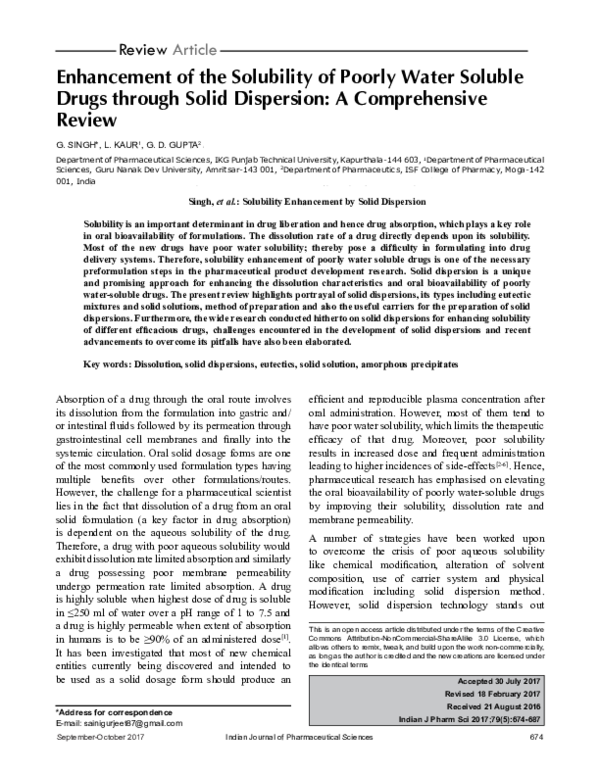 (PDF) Enhancement of the Solubility of Poorly Water Soluble Drugs through Solid Dispersion: A ...