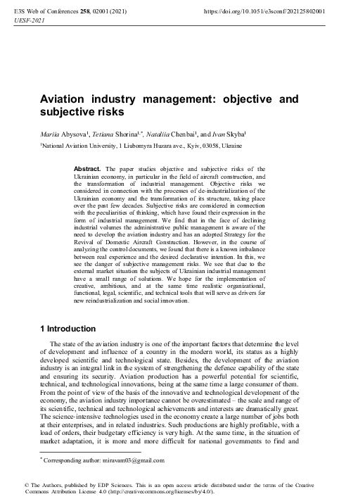 (PDF) Aviation industry management: objective and subjective risks