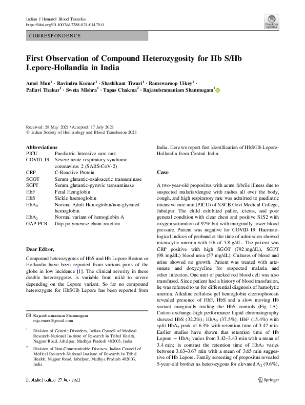 (PDF) First Observation of Compound Heterozygosity for Hb S/Hb Lepore ...
