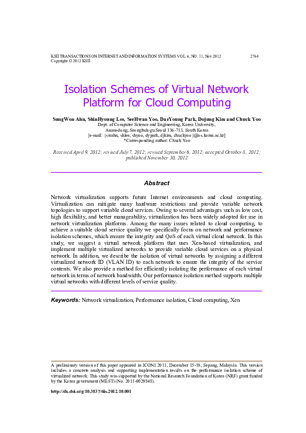 (PDF) Isolation Schemes of Virtual Network Platform for Cloud Computing
