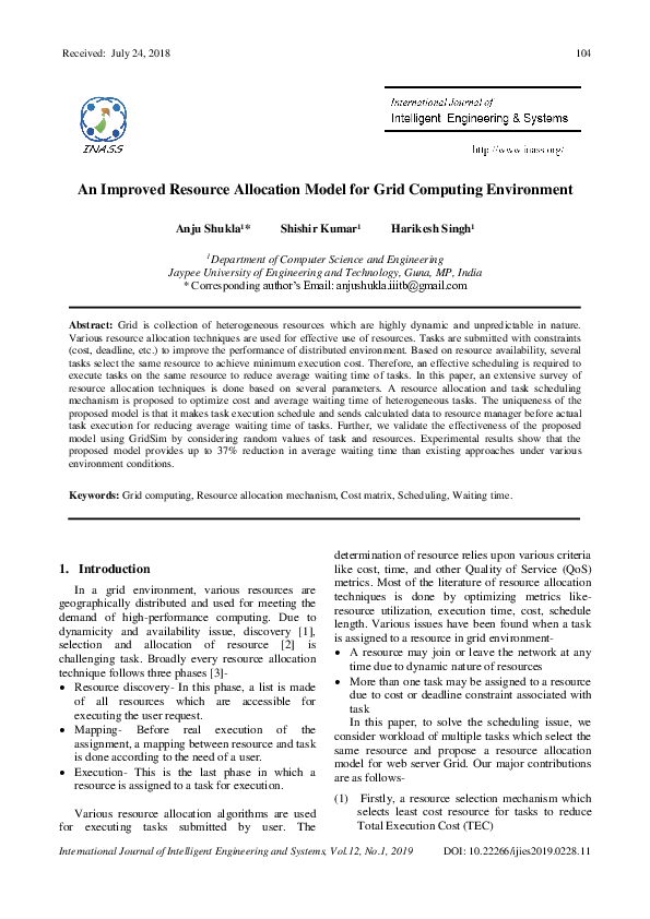 Pdf An Improved Resource Allocation Model For Grid Computing Environment