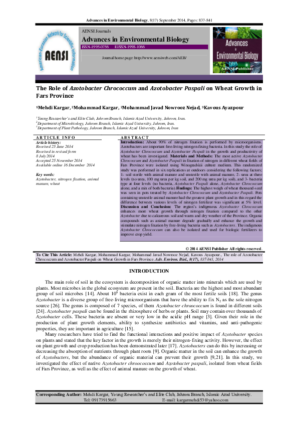 (PDF) The Role of Azotobacter Chrococcum and Azotobacter Paspali on ...