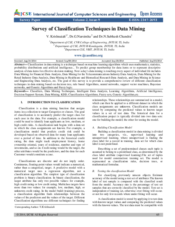 Pdf Survey Of Classification Techniques In Data Mining