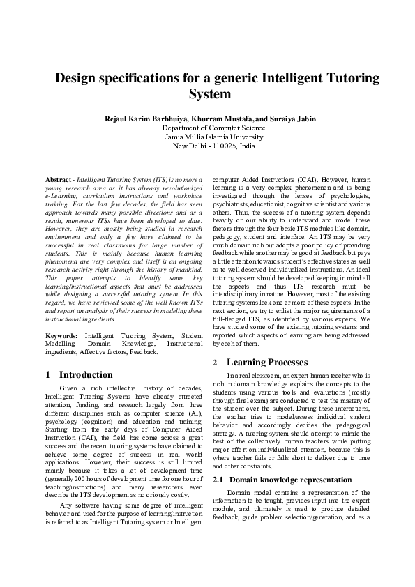 (PDF) Design specifications for a generic Intelligent Tutoring System