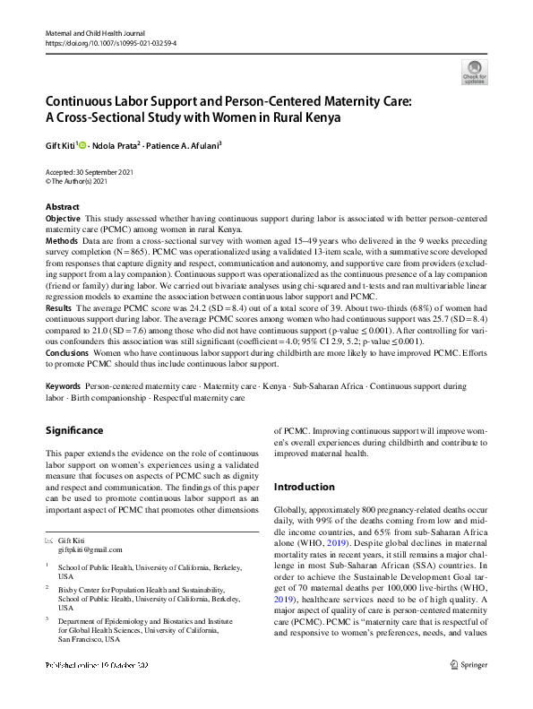 (PDF) Continuous Labor Support and Person-Centered Maternity Care: A ...