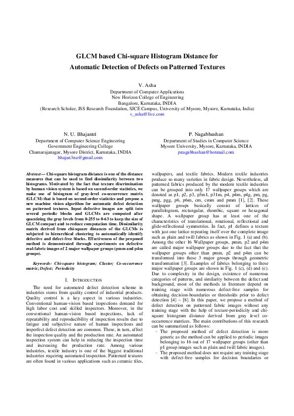 Pdf Glcm Based Chi Square Histogram Distance For Automatic Detection Of Defects On Patterned