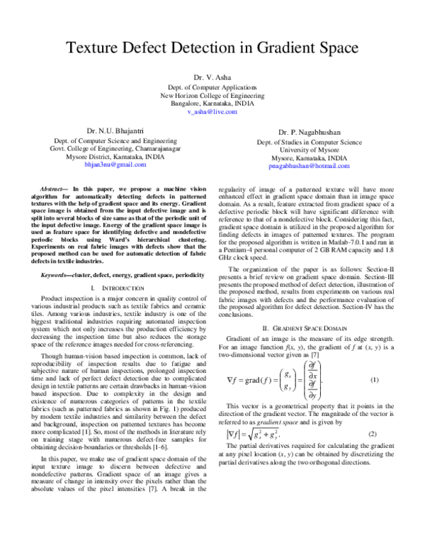 (PDF) Texture Defect Detection in Gradient Space | Nagappa Bhajantri ...