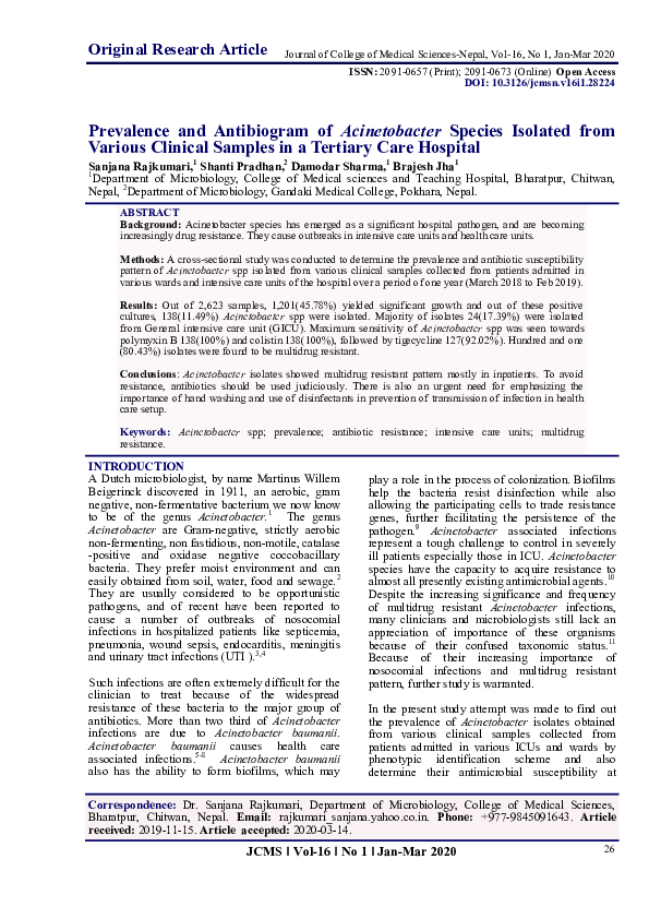 (PDF) Prevalence and Antibiogram of Acinetobacter Species Isolated from ...