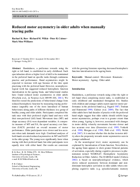 (PDF) Reduced motor asymmetry in older adults when manually tracing paths