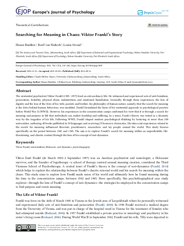(PDF) Searching for meaning in chaos: Viktor Frankl's story