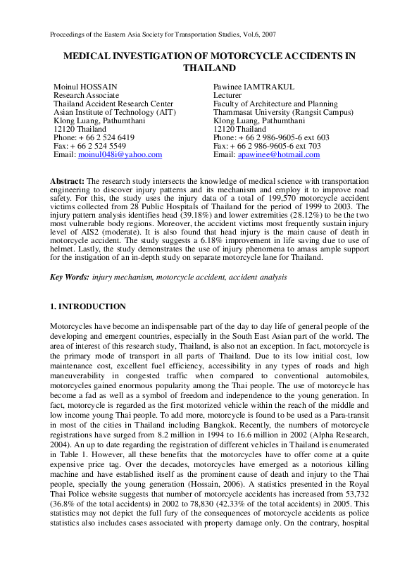 (PDF) Medical Investigation of Motorcycle Accidents in Thailand