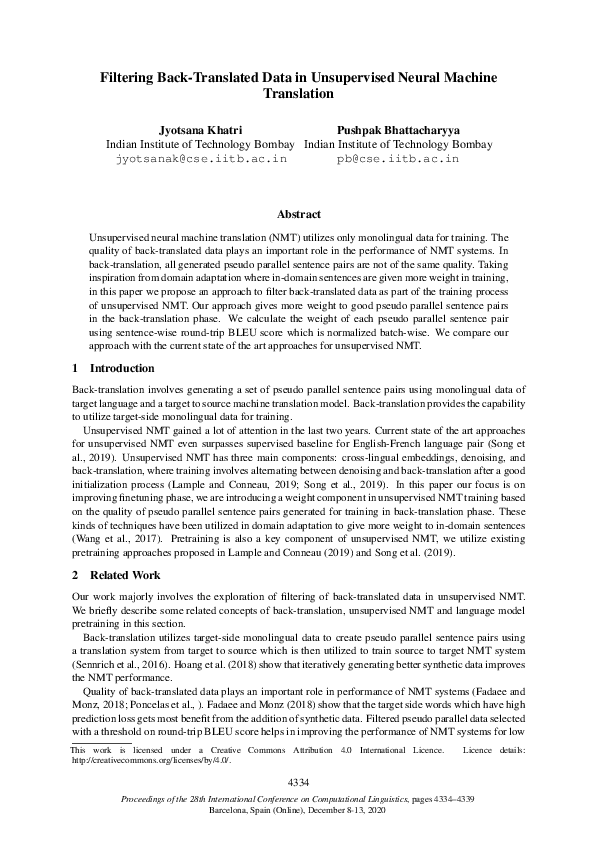 Pdf Filtering Back Translated Data In Unsupervised Neural Machine Translation
