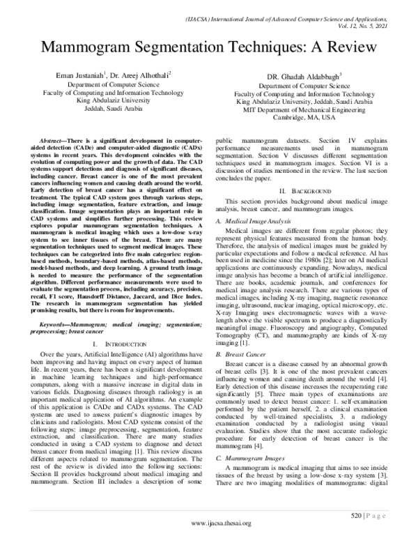 (PDF) Mammogram Segmentation Techniques: A Review