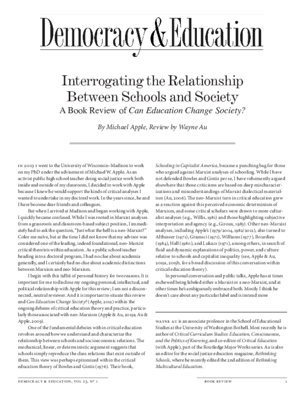 (PDF) Interrogating the Relationship Between Schools and Society. A ...