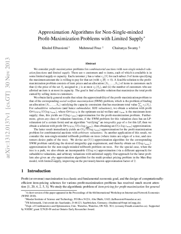 (PDF) Approximation algorithms for non-single-minded profit-maximization problems with limited ...
