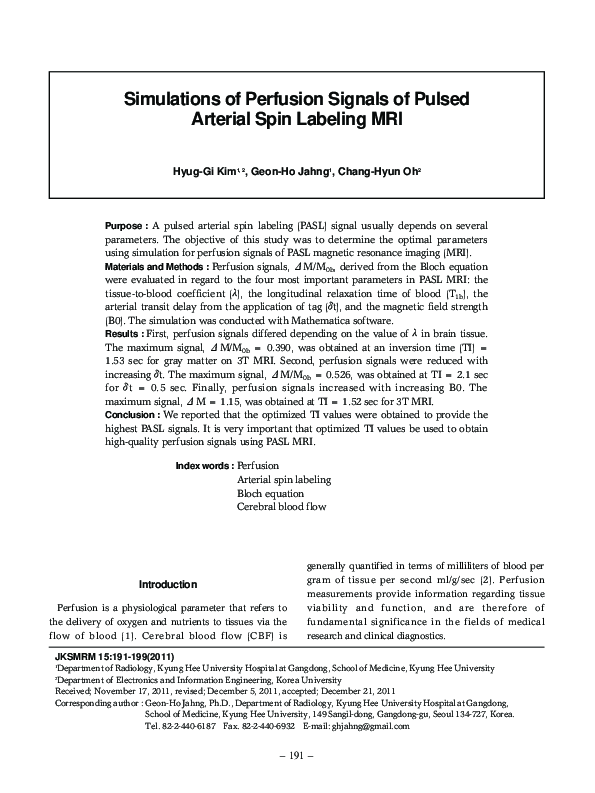 (PDF) Simulations of Perfusion Signals of Pulsed Arterial Spin Labeling MRI
