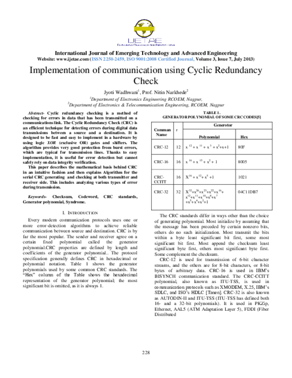 (PDF) Implementation of communication using Cyclic Redundancy Check