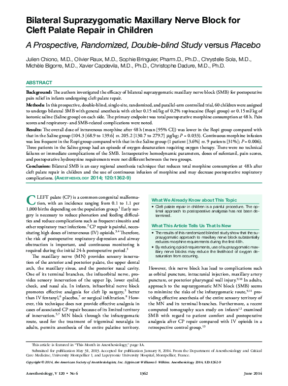 (PDF) Bilateral Suprazygomatic Maxillary Nerve Block for Cleft Palate ...