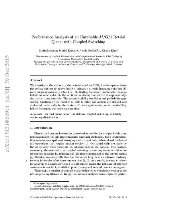 (PDF) Performance Analysis of an Unreliable M/G/1 Retrial Queue with Coupled Switching ...