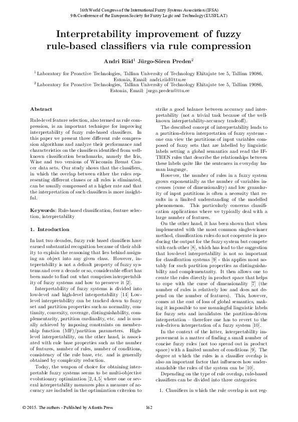 (PDF) Interpretability improvement of fuzzy rule-based classifiers via rule compression
