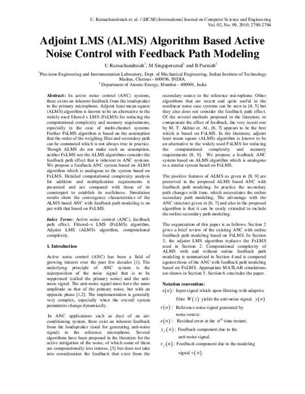 (PDF) Adjoint LMS (ALMS) Algorithm Based Active Noise Control with Feedback Path Modeling